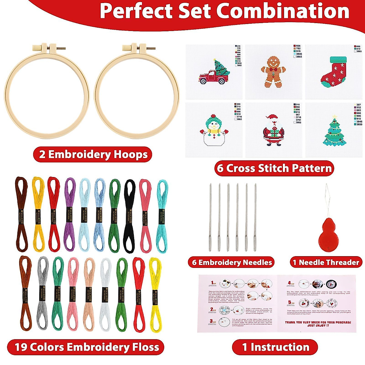 ZOIIWA 6PCS Christmas Cross Stitch Kits for Beginners DIY Embroidery Kit for Kids Adults Needlepoint Starter Kits Craft with Santa Snowman Gingerbread Man Socks Christmas Tree Truck Craft Supplies