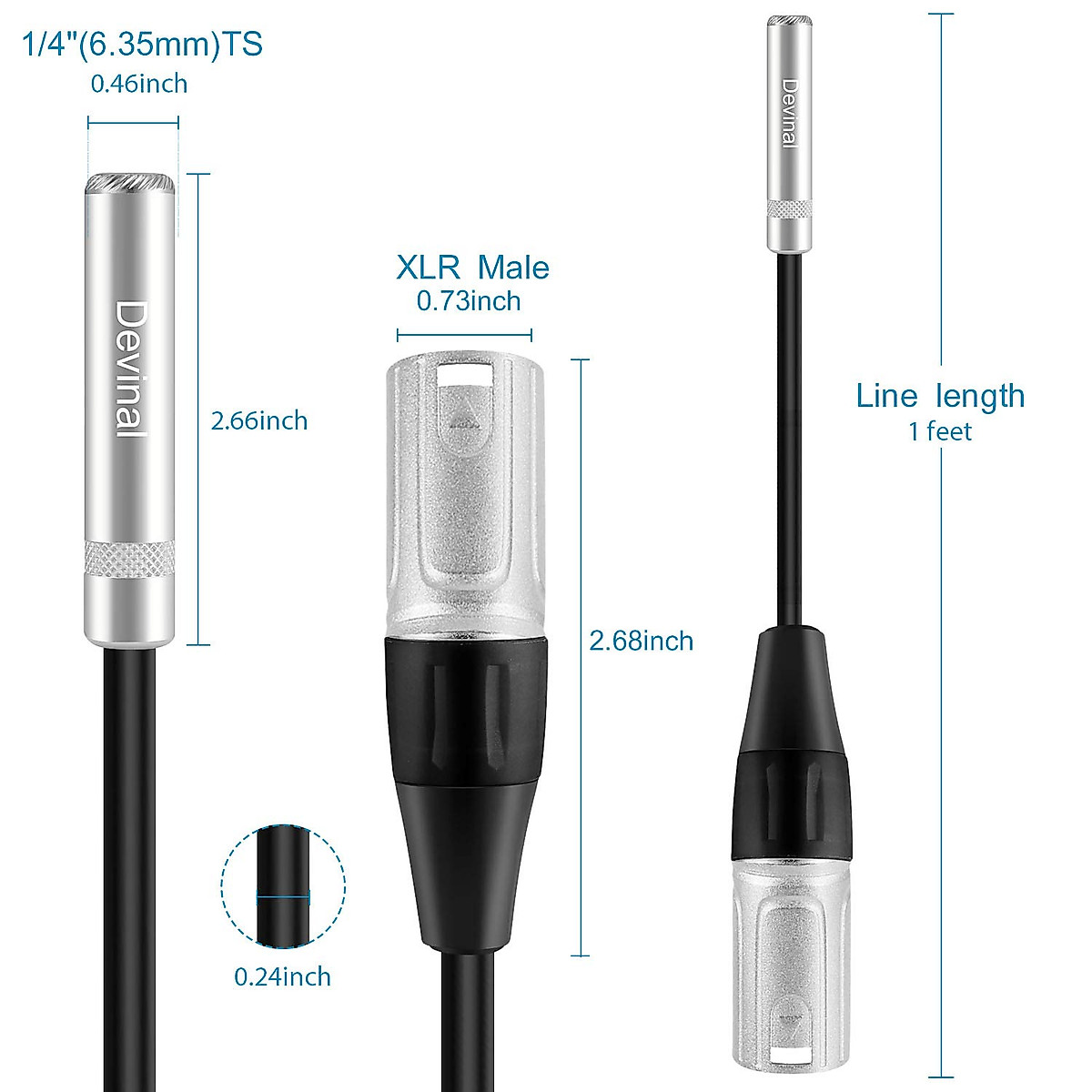 Devinal XLR Male to 1/4" Female calbe, 3 Pin Male to 6.35mm Socket Audio Cord, XLR Plug to TS/TRS Quarter inch Adapter Connector Converter Metal Construction 1 feet (30 cm)