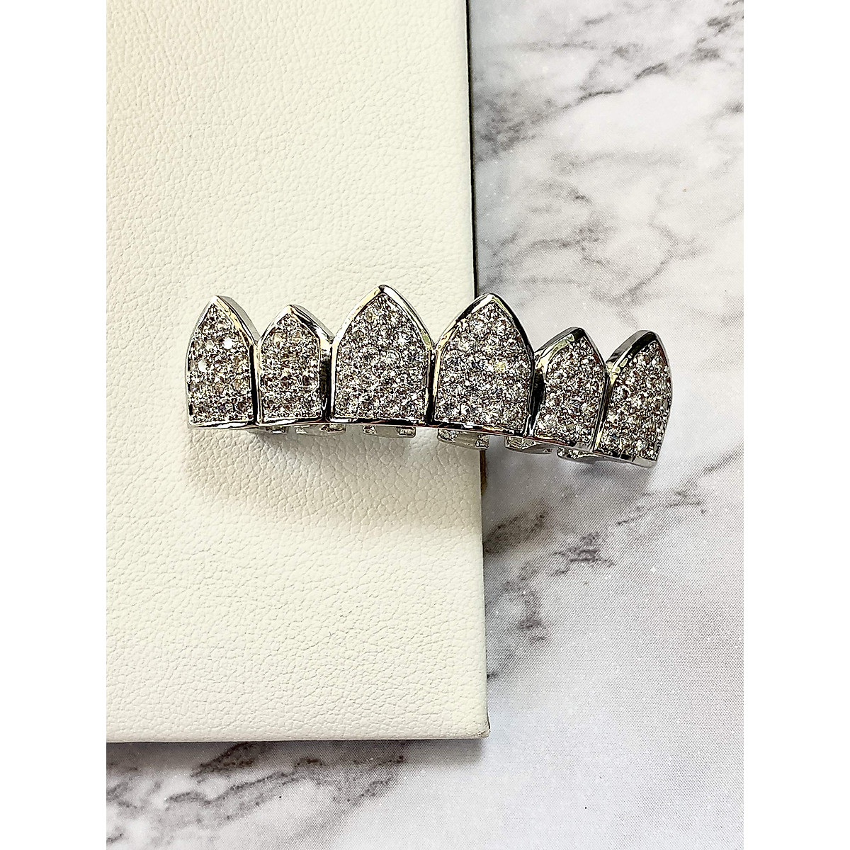 18K White Gold Plated CZ Cluster Custom Slugs Top Grillz Mouth Teeth Grills - Grillz, Teeth Cap, Iced Out Grillz (Top)