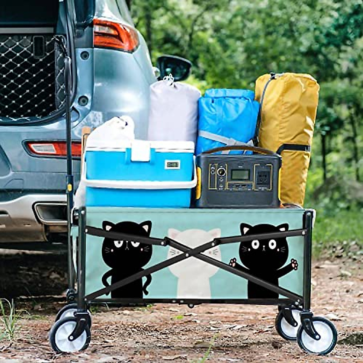 Collapsible Wagon Cart Black White cat icon Set Cute Kawaii Cartoon Character Funny Kitten Foldable Utility Wagon Large Capacity Garden Cart with Push Bar for Beach Camp Outdoor Shopping