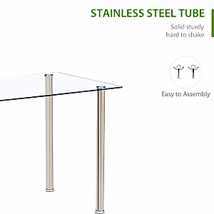51.2" Clear Glass Dining Table for 4 People, Modern Rectangular Kitchen Table with Metal Legs