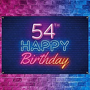 Glow Neon Happy 54th Birthday Backdrop Banner Decor Black – Colorful Glowing 54 Years Old Birthday Party Theme Decorations for Men Women Supplies