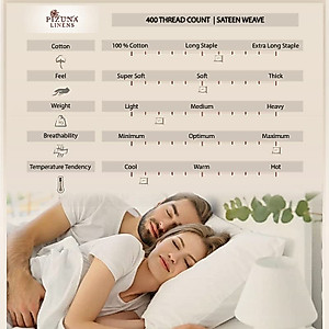 Pizuna 100% Cotton Sheets for Queen Size Bed White, 400 Thread Count Long Staple Combed Cotton, Sateen Cooling Sheets Queen, 15 Inch Deep Pocket Queen Sheets Set (White Cotton Bed Sheets Queen)