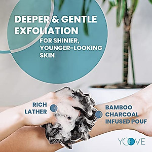 Loofah Back Scrubber | Bamboo Charcoal Infused Shower Scrubber | Bath-Sponge | Exfoliating Lufa Body Scrubber for Men & Women | Includes 1 Loofah on a Stick,1 Luffa Pouf and 1 Hook to Hang Loufa-Black