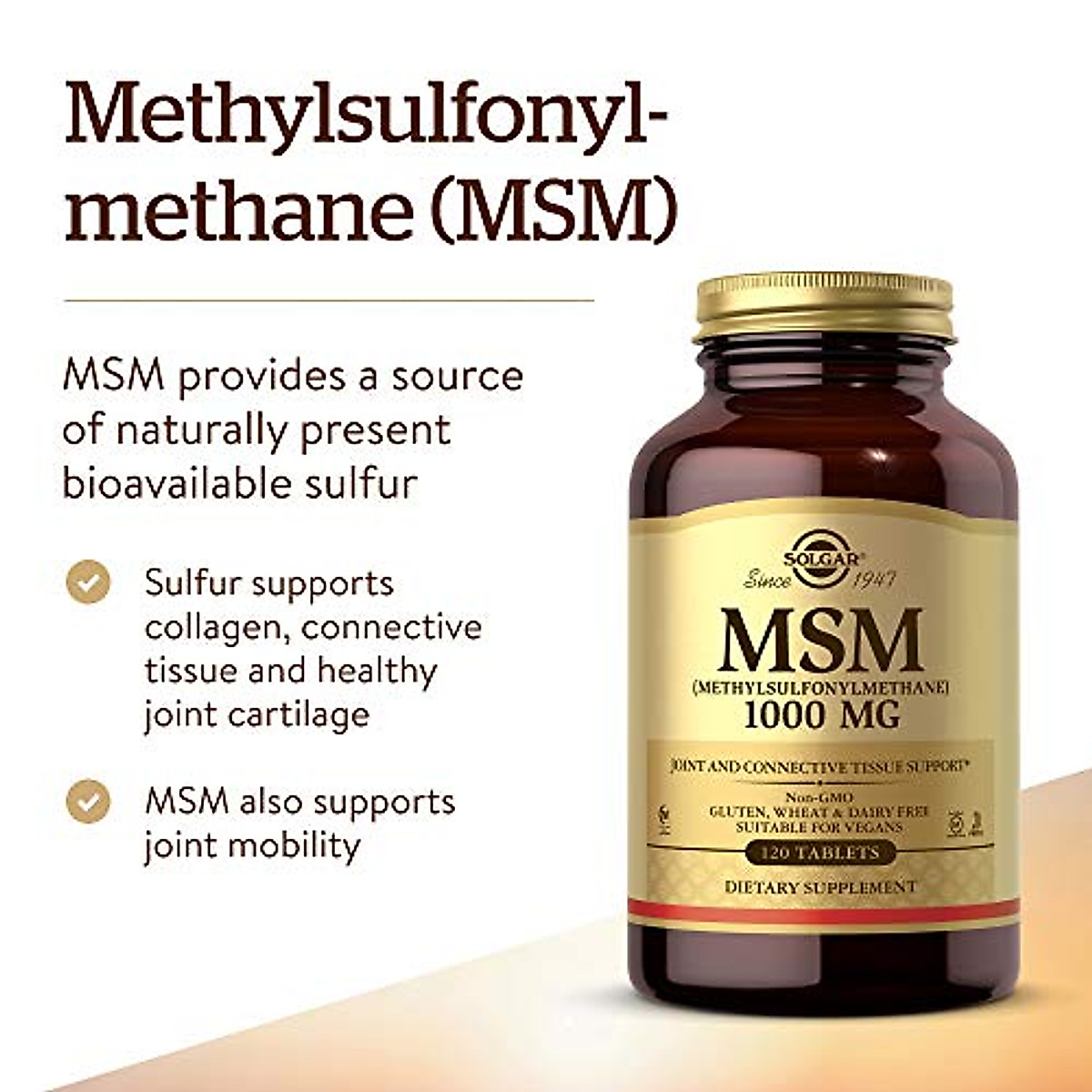 Solgar MSM 1000 mg, 120 Tablets - Supports Joints & Connective Tissue - Non-GMO, Vegan, Gluten Free, Dairy Free, Kosher, Halal - 120 Servings