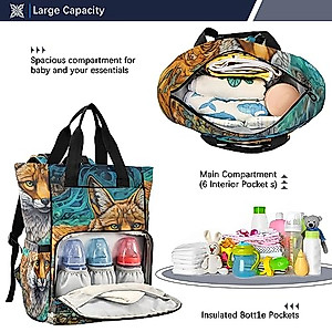 ZENWAWA Diaper Bag Backpack for Mom Dad-Painting Fox Floral Print with Insulated Feeding Bottle Inserts, Nappy Daypack for Outdoor Hiking Travel 11.02×5.91×15.3 INCH