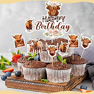 Libima 99 Pieces Highland Cow Birthday Decorations Include 25 Highland Cow Cake Toppers 50 Pcs 12 Inch Cattle Latex Balloons and 24 Highland Cow Hanging Swirls for Highland Cow Cattle Birthday Party