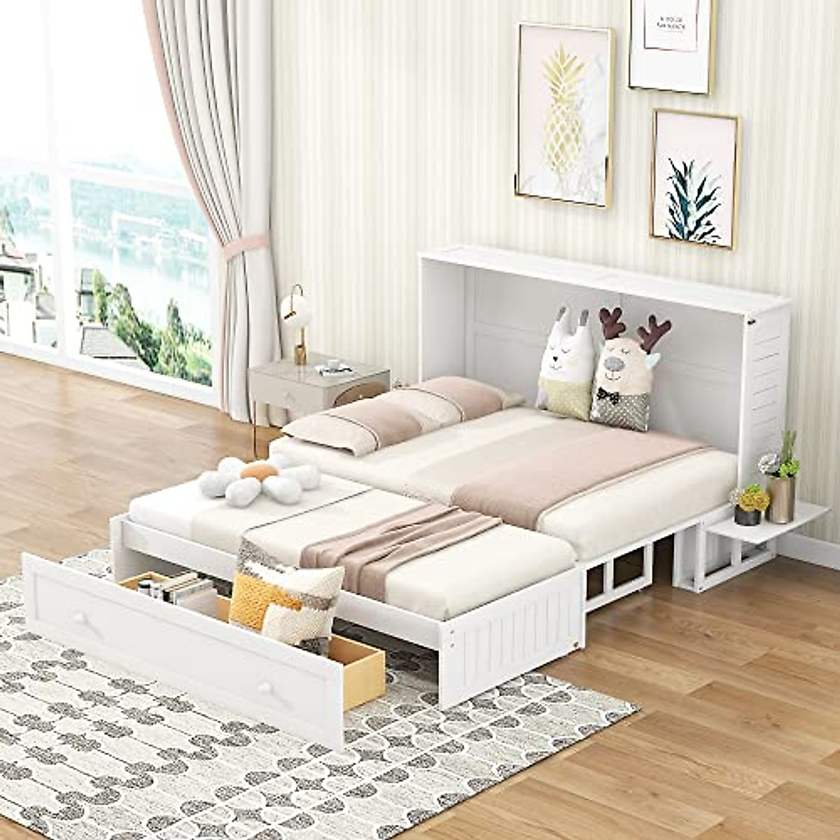 VilroCaz Queen Size Mobile Murphy Cube Cabinet Bed with Drawer, Traditional Solid Wood Murphy Bed Chest with Side Little Shelves, Modern Platform Murphy Bed for Guest Room Home Office