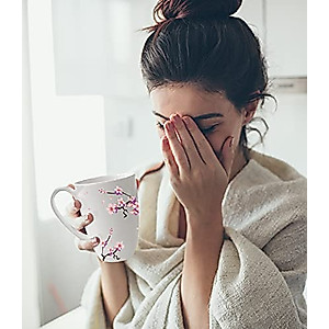 immaculife Tea Cup with Infuser and Lid for Steeping Loose Leaf Tea Bag Coffee Milk Women Office Home Gift 16oz Peach Blossoms