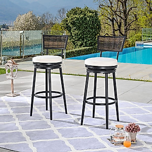 LOKATSE HOME 2 PCS Outdoor Swivel Barstools, Patio Bar Chairs with Wicker Back and Cushions for Backyard Deck Lawn Garden
