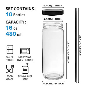 Ruckae 16oz 10 Pack Juice Bottles, Glass Bottles Juicing Bottles with Lids, Smoothie Cup with Lids and Straws, Glass Water Bottle Mason Jar Drinking Glasses for Juicing, Smoothies, Kombucha