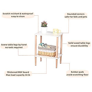 NUTMAK Side Table, Slim Nightstand Bedside Table with Solid Wood Legs, 2-Tier End Table with Storage Shelf for Living Room Bedroom Entryway, No-Tool Assembly.