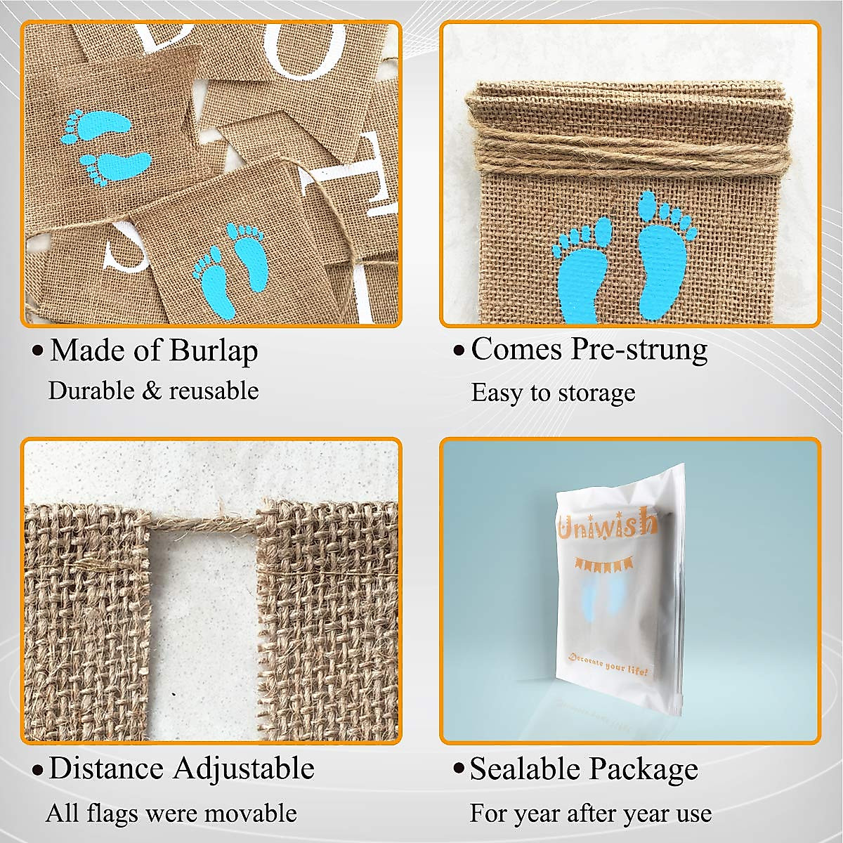 Uniwish It's A BOY Banner Burlap Fabric, Rustic Hanging Bunting Christening Garland Baby Shower Party Decorations for Baby Boy with Blue Footprint