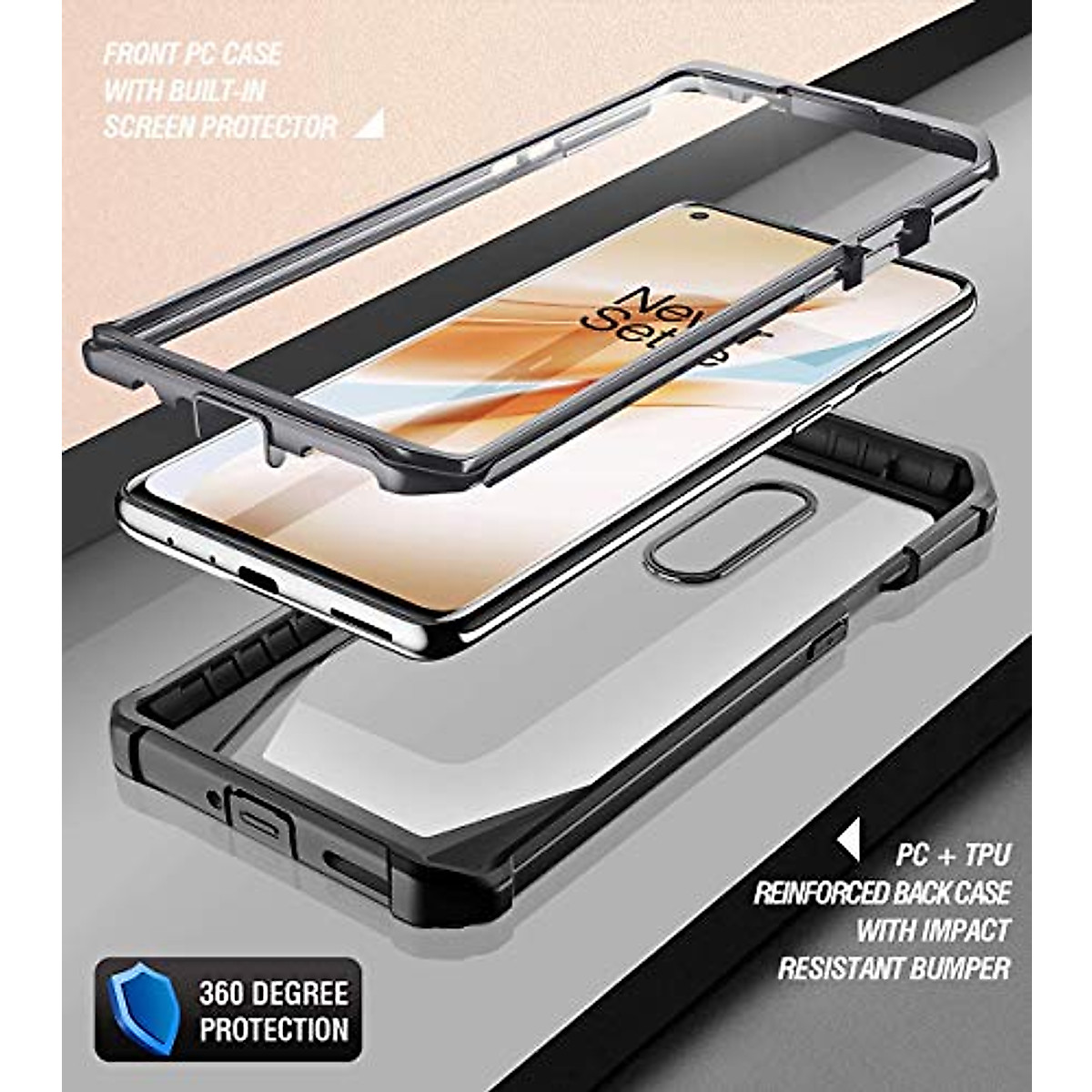 Poetic Guardian for Oneplus 8 Case, [Not Compatible with Verizon Version] Full-Body Hybrid Shockproof Bumper Cover with Built-in-Screen Protector, Black/Clear