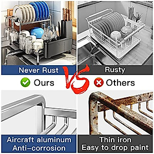 Dish Drying Rack, Aluminum 2-tier Multifunctional 7-in-1 Dish Racks for Kitchen Counter with Drainboard, Rustproof Detachable Large Capacity Dish Drainer with Wine Glass Holder, Utensil&knife Holder