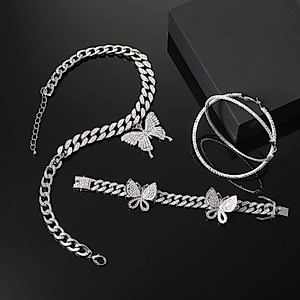 Hinly 3 Pieces Butterfly Jewelry Set Link Chain Necklace for Women Rhinestone Butterfly Pendant Necklace Rhinestone Butterfly Bracelet Large Hoop Earrings Bling Earrings (Silver, Classic)