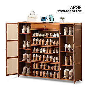 MoNiBloom Rattan Shoe Cabinet with 3 Drawers Rattan Pattern Free Standing Shoe, Shelf Storage Rack with Flip Doors & Drawer for 28-32 Pairs for Living Room, Entryway and Hallway, Brown