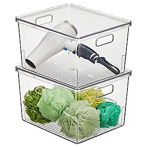 mDesign Large Plastic Stackable Bathroom Cabinet Storage Bin Box with Handles/Lid, Drawer Stacking Organizer for Soap, Lotion, Towels, and Accessories, Ligne Collection, 2 Pack, Clear
