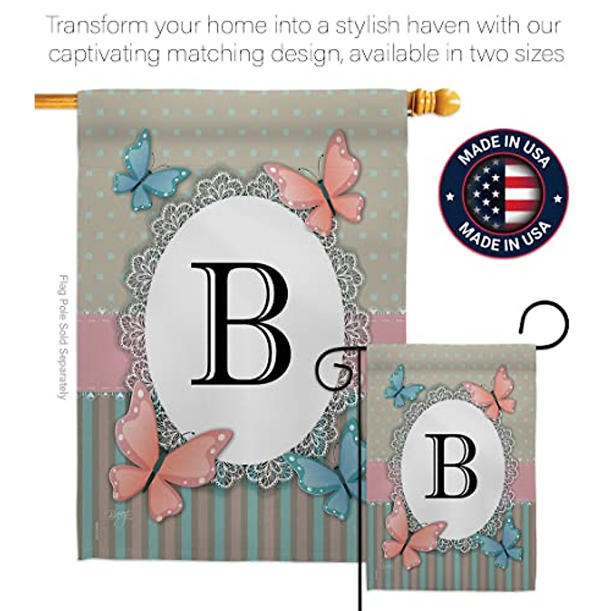 Breeze Decor B Initial Garden Flag Set Wall Hanger Monogram Friends Bugs & Frogs Butterfly Ladybugs Dragonfly Bee Springtime Insect Natural Wildlife House Yard Gift Double-Sided, Made in USA
