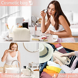 LIYSOCA Small Makeup Bag for Women Girls, Leather Cute Makeup Bags Waterproof Travel Makeup Bags with Handle Cosmetic Pouch, Birthday Christmas Gifts for Women Girls Mom (Beige)