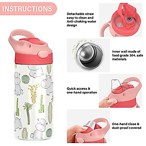ALAZA Cute Cactus Hippo Kids Water Bottles with Lids Straw Insulated Stainless Steel Water Bottles Double Walled Leakproof Tumbler Travel Cup for Girls Boys Toddlers 12 oz / 350 ml,Pink