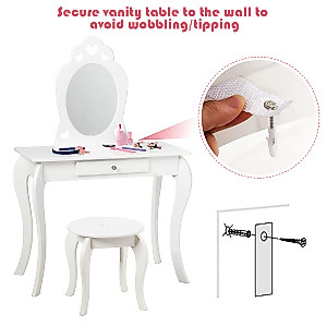 HONEY JOY Kids Vanity Set with Mirror, Toddler Wooden Vanity Table with Stool & Drawer, Removable Top, Princess Pretend Play Beauty Makeup Dressing Table Playset for Little Girls(White)