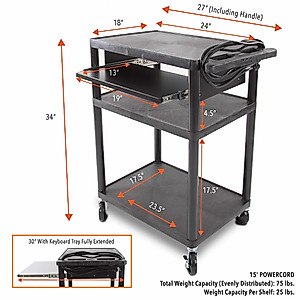 Line Leader Plastic AV Cart with Keyboard Tray, Mobile Workstation with Storage For Offices and Schools, Rolling with 4 Casters, 2 Locking Brakes, Heavy Duty, Holds up to 100 lbs (Black, 24 x 18 x 34)