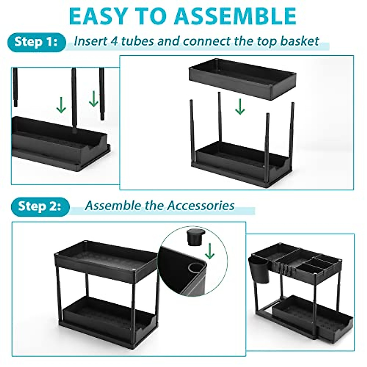 Under Sink Organizers and Storage, Adjustable Height Sliding Drawer 2 Tier Cabinet Organizer with Pull Out Drawer/Hook/Cup/Dividers for Bathroom Kitchen (Black)