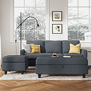 HONBAY Reversible Sectional Couch with Chaise Modern Linen Fabric L Shape Sofa for Apartment Sectional Set with Ottoman in Bluish Grey