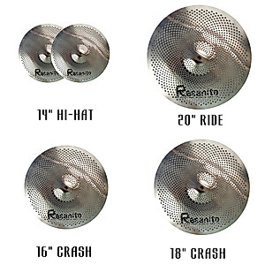 Resanito Low Volume Cymbal Pack Mute Cymbal Set, 14"hi-hat+16"crash+18"crash+20"ride (5 pieces) with FREE Cymbal Bag, Chrome