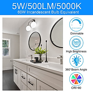 Energetic E12 Dimmable LED G16.5 Light Bulb 60 Watt Light Bulb 500 Lumens Candelabra Bulb for Chandeliers, Ceiling Fan, Vanity, Daylight 5000K Vintage Globe Light Bulb 6Pack