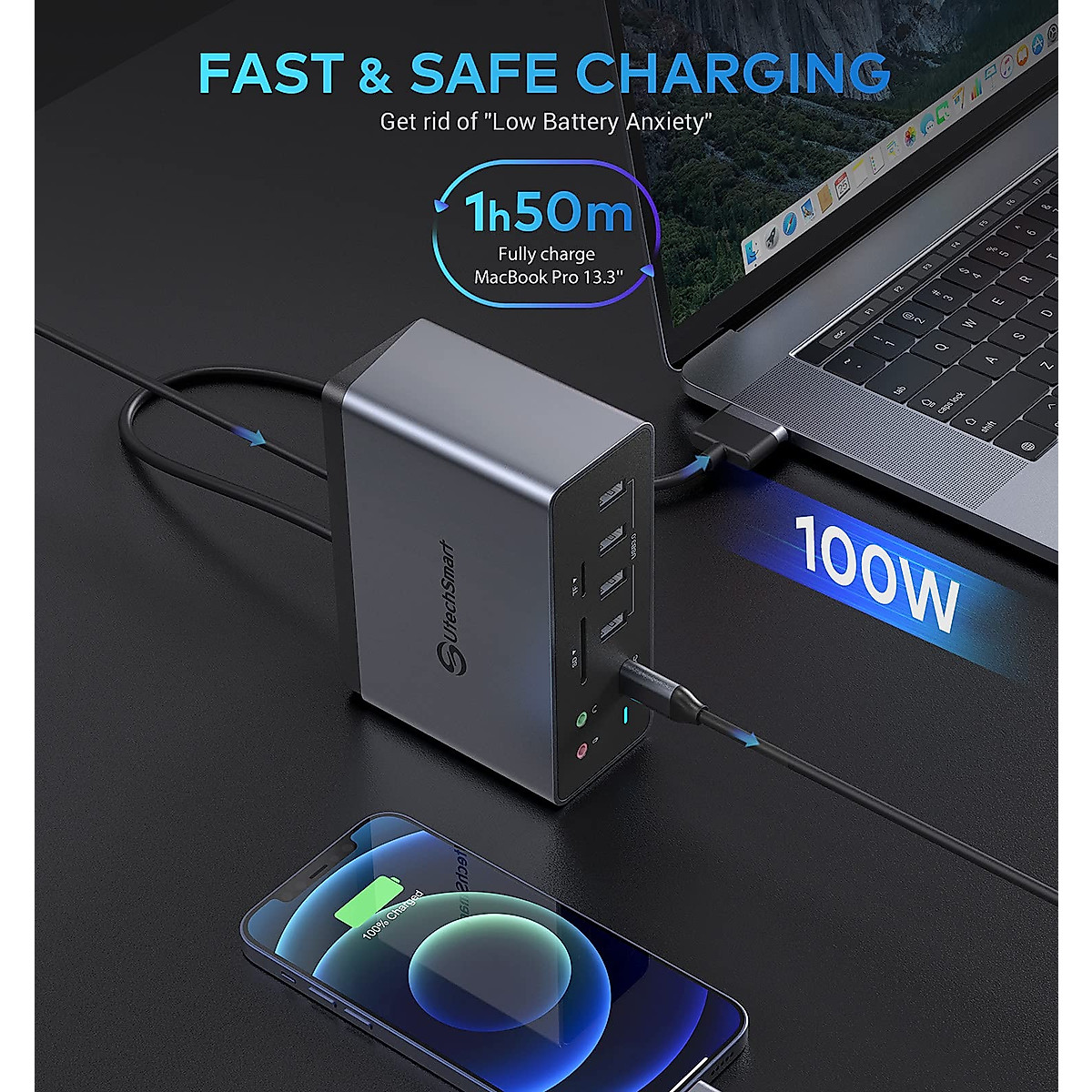 Docking Station,UtechSmart 19 in 1 Quadruple Monitor Laptop USB C Docking Station,USB C Hub Dock 3 HDMI Adapter for MacBook&Windows (3 HDMI,1 VGA,6 USB Ports,100WPD,Ethernet,SD/TF Card Reader,Audio)