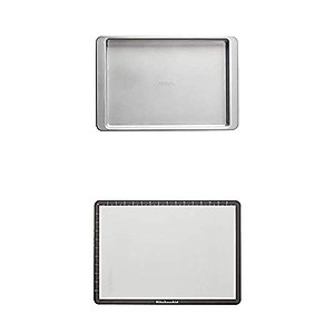 KitchenAid Nonstick Aluminized Steel Baking Sheet, 13x18-Inch, Silver With Silicone Large Baking Mat, 12x17-Inch, Gray