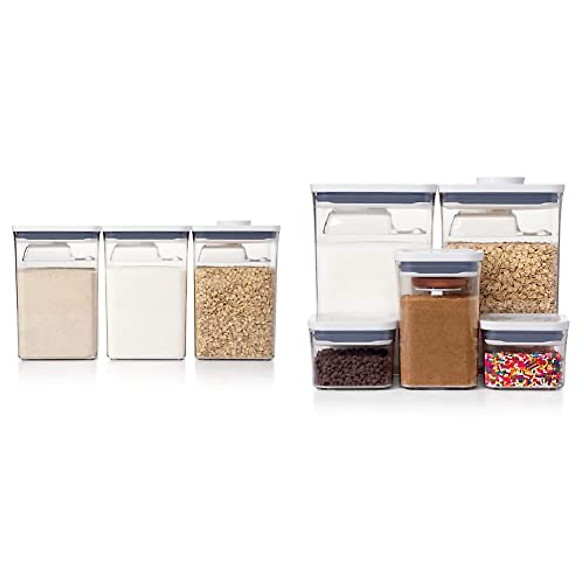 OXO Good Grips 6 Piece Large Canister Set with Scoops, 4.4 qt each, White & Good Grips 8-Piece Baking Essentials POP Container Set, White