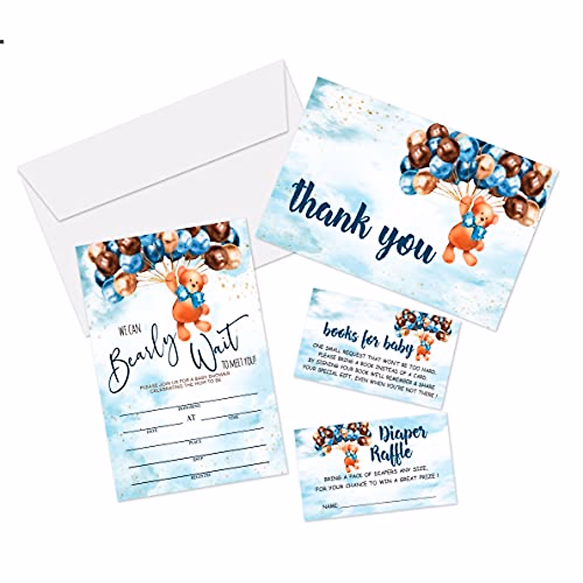 Baby Shower Invitation Set, Fill In Invites Cards, Books For Baby, Diaper Raffle, Thank You,Beasty Wait, Each Design 25 Cards & Envelopes (Total 100 Cards) – (bb009-taozhuang)