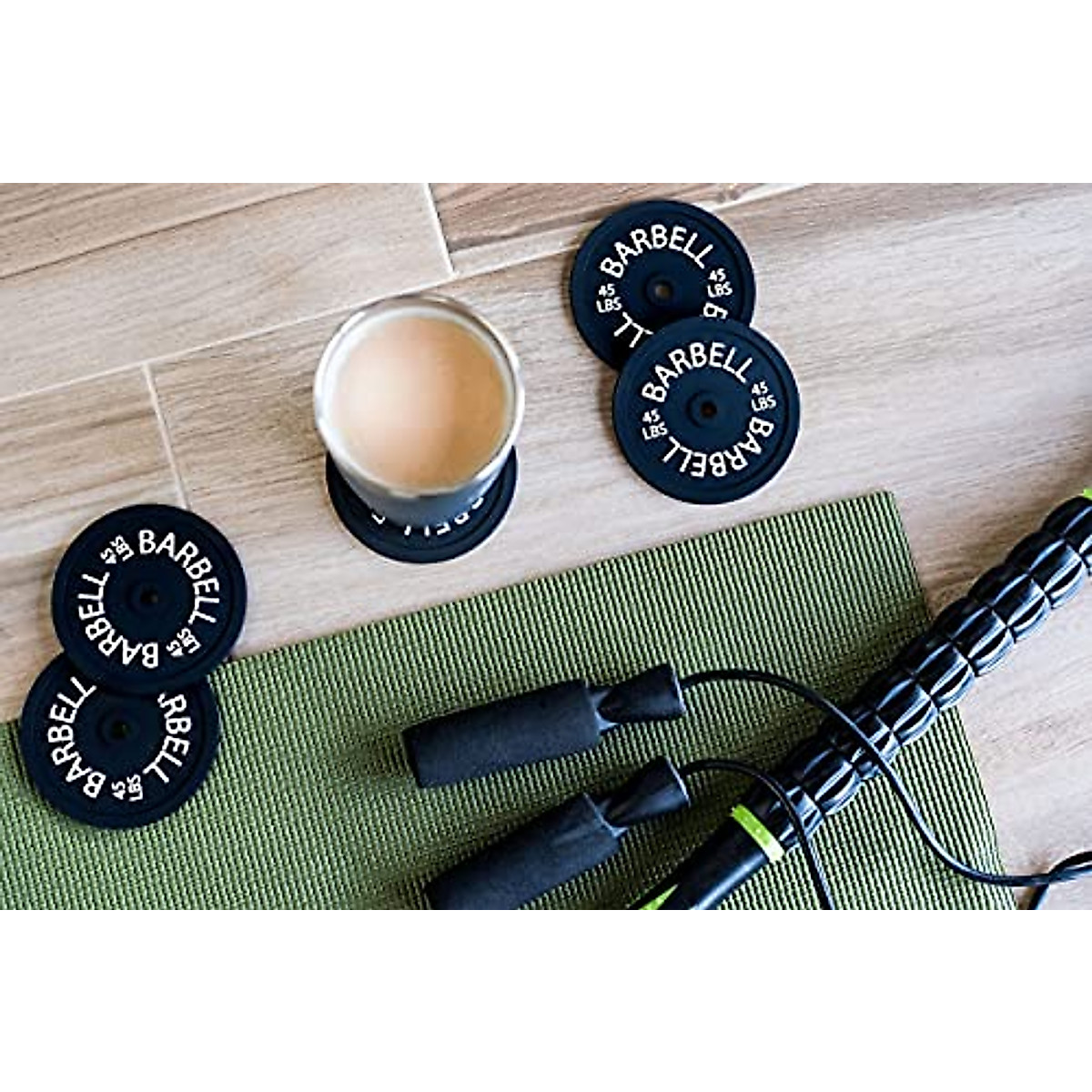 6 Set Barbell Bumper Plate Drink Coasters, Round Black Silicone Coasters, Coasters for Coffee Table, Coasters for Drinks, Absorbent Non-Stick Coaster Set for Table Top, Fitness Gym Accessories Gift