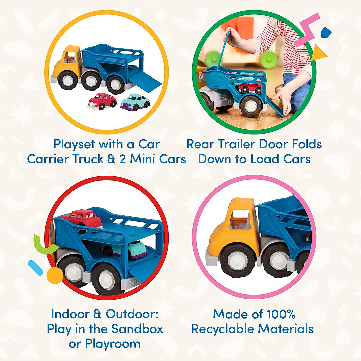 Battat- Wonder Wheels- Toy Carrier Truck & 2 Toy Cars – Toy Truck Playset For Kids, Toddlers – Pretend Play- Recyclable Materials – 1year +