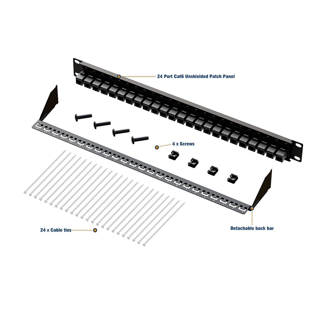iwillink 10Gbps Patch Panel 24 Port, RJ45 Through Coupler Cat6 Patch Panel UTP 19-Inch 1U with Back Bar, Wallmount or Rackmount, Compatible with Cat5, Cat5e, Cat6 Cabling