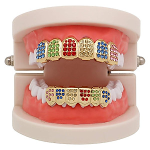 Vpang 18K Gold Plated Hip Hop Teeth Grillz Caps Iced Out CZ Face Diamond Top and Bottom Grillz Set for Men Women (Colorful)