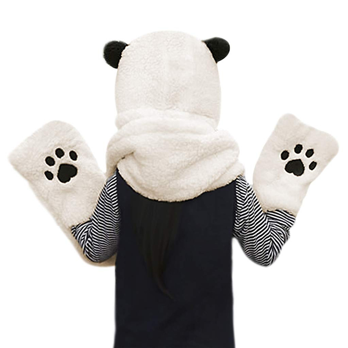 Women Girls Cute Panda Animal Winter Hats 3 in 1 Warm Soft Plush Hoodie Cap Gloves Mitten Scarf Set Cold Weather Earmuff Headbands Costume Holiday Christmas Gift for Adults Kids (Shy Face Panda)