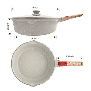 AIKENBBKK 11 Inch Nonstick Deep Frying Pan with Lid, 5Qt Non Stick Skillet with Removable Handle, Aluminum Sauté Pan Compatible with All Stovetops, Dishwasher& Oven Safe (White)