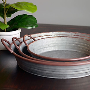 Farmers Deep-Dish Round Trays, Set of 3, Rustic Vintage Style, Galvanized Zinc Metal, 18, 15.75, and 12.25 Inches Diameter