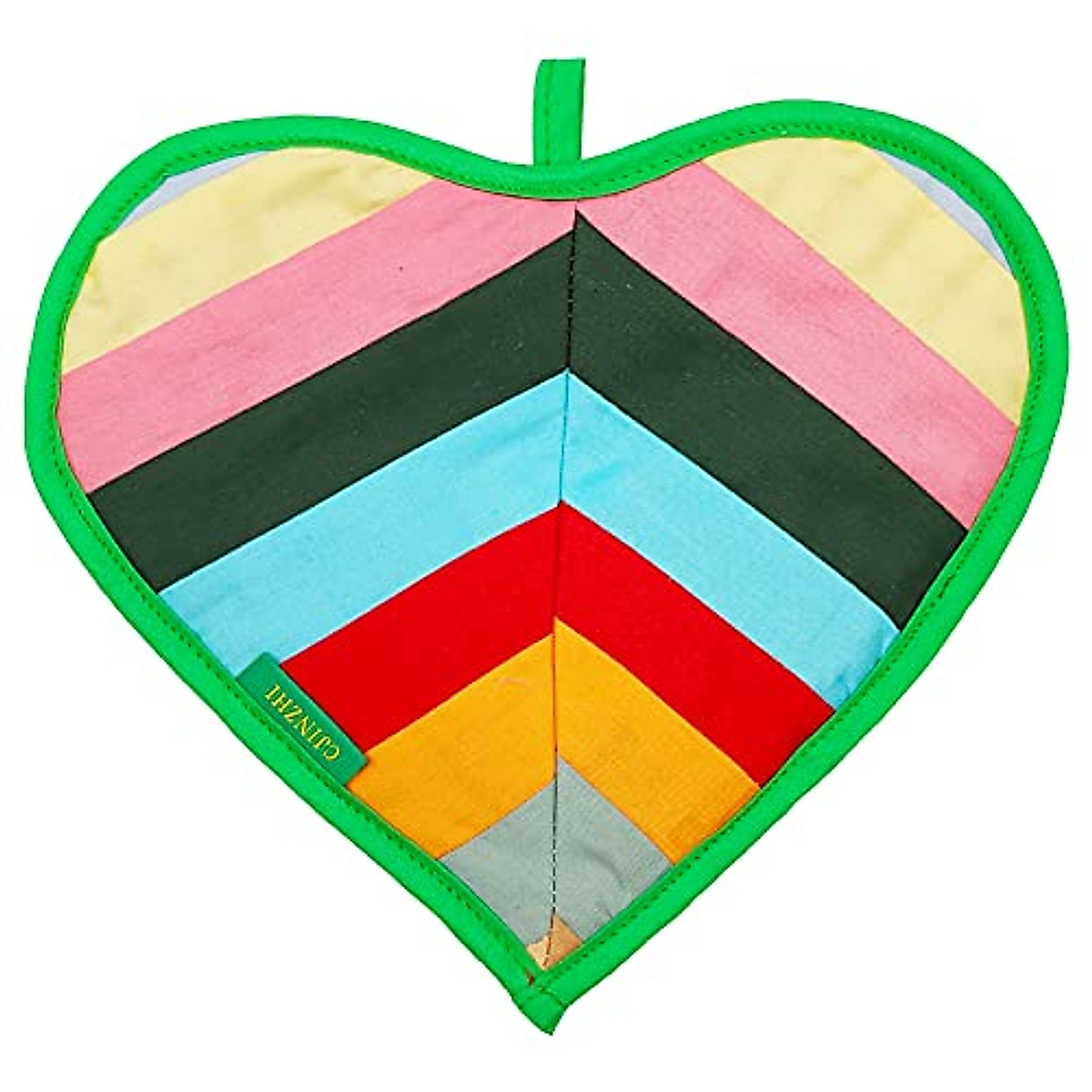 CJINZHI Pot Holders for Kitchen, 2pcs Fabric Patchwork Mats 100% Cotton Heat Resistant Pads with Hanging Loop Loves Shaped Colored Stripe Pattern for BBQ/Cooking/Baking/Grilling/Microwave/Barbecue.