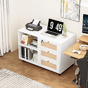 Lamerge 3-Drawer Wood File Cabinet with Lock,Rattan Office Storage Cabinet Printer Stand with Storage,Mobile Lateral Filing Cabinet for Home Office with Open Storage Shelves,White