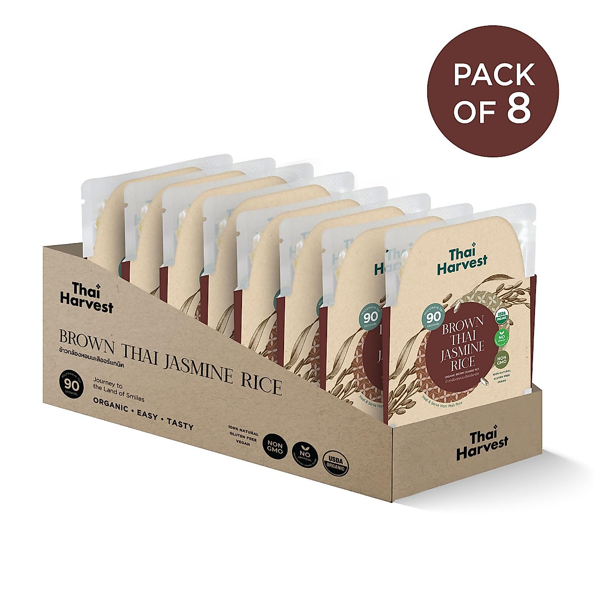 THAI HARVEST 100% USDA Organic Brown Jasmine Rice 7 Ounce (Pack of 8) Microwaveable 90 Seconds Ready to Eat Instant Jasmine Rice for Quick Dinner Meals Zero Preservatives Gluten Free