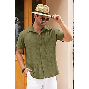 COOFANDY Mens Army Green Linen Button Up Shirts Short Sleeve Summer Button Down Shirt Vacation Collared Shirt (Army Green L)