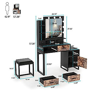 PAKASEPT Makeup Desk with Mirror and Lights, Desk and Chair, Vanity Table Set with Cushioned Stool, Shelves & Drawers, Storage Cabinet for Bedroom, Brown