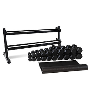 WF Athletic Supply Rubber Coated Hex Dumbbell Set, Multiple Choices Available - Dumbbells with Rack Stand and Mat, or Dumbbells Only (200/550/1200/2100/3000 LB) (d. 5-50LB w/ 2-tier Rack and Mat)