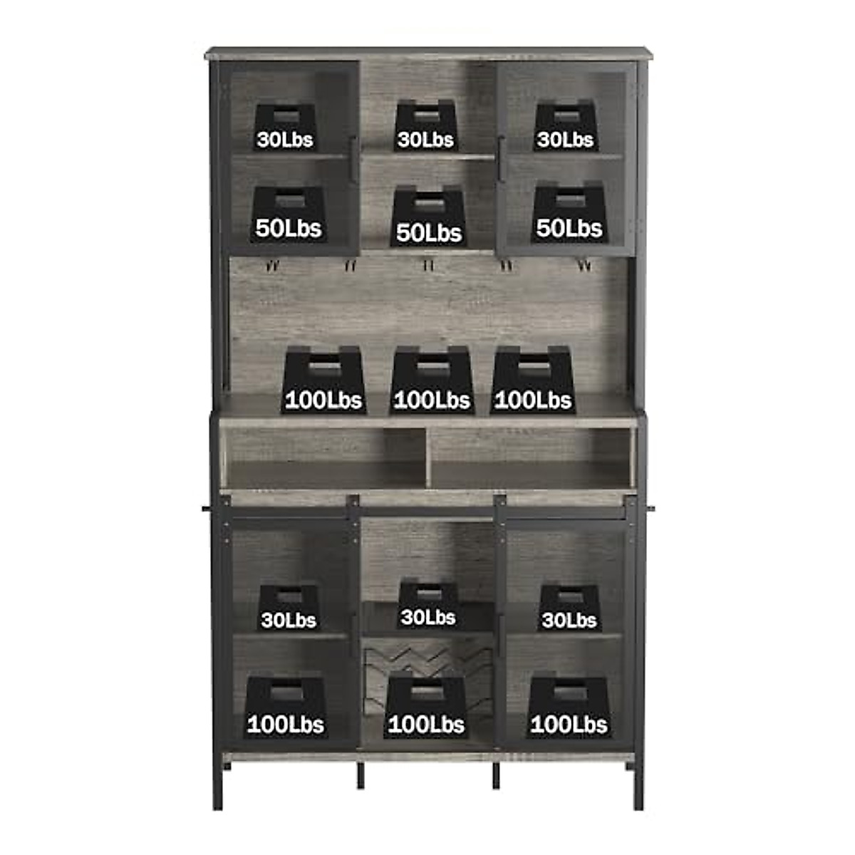 QNICE 71" LED Lights Industrial Kitchen Hutch Cabinet/Dining Room Hutch with Sliding Barn Door/Freestanding Kitchen Pantry Cupboard with Wine Rack/Dark Rustic Oak