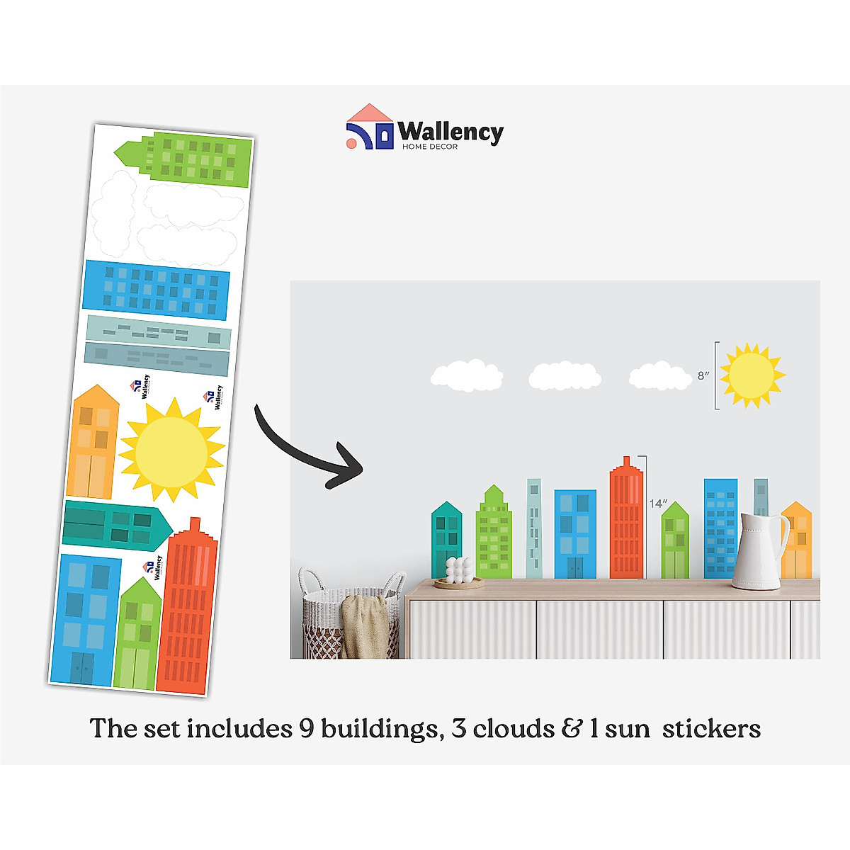 Wallency City Wall Decal - Fabric Wall Decal - Colorful Skyscraper Buildings, Clouds and Sun Wall Stickers for Kids Room, Nordic Nursery - Peel and Stick, Removable Wall Stickers (Small)